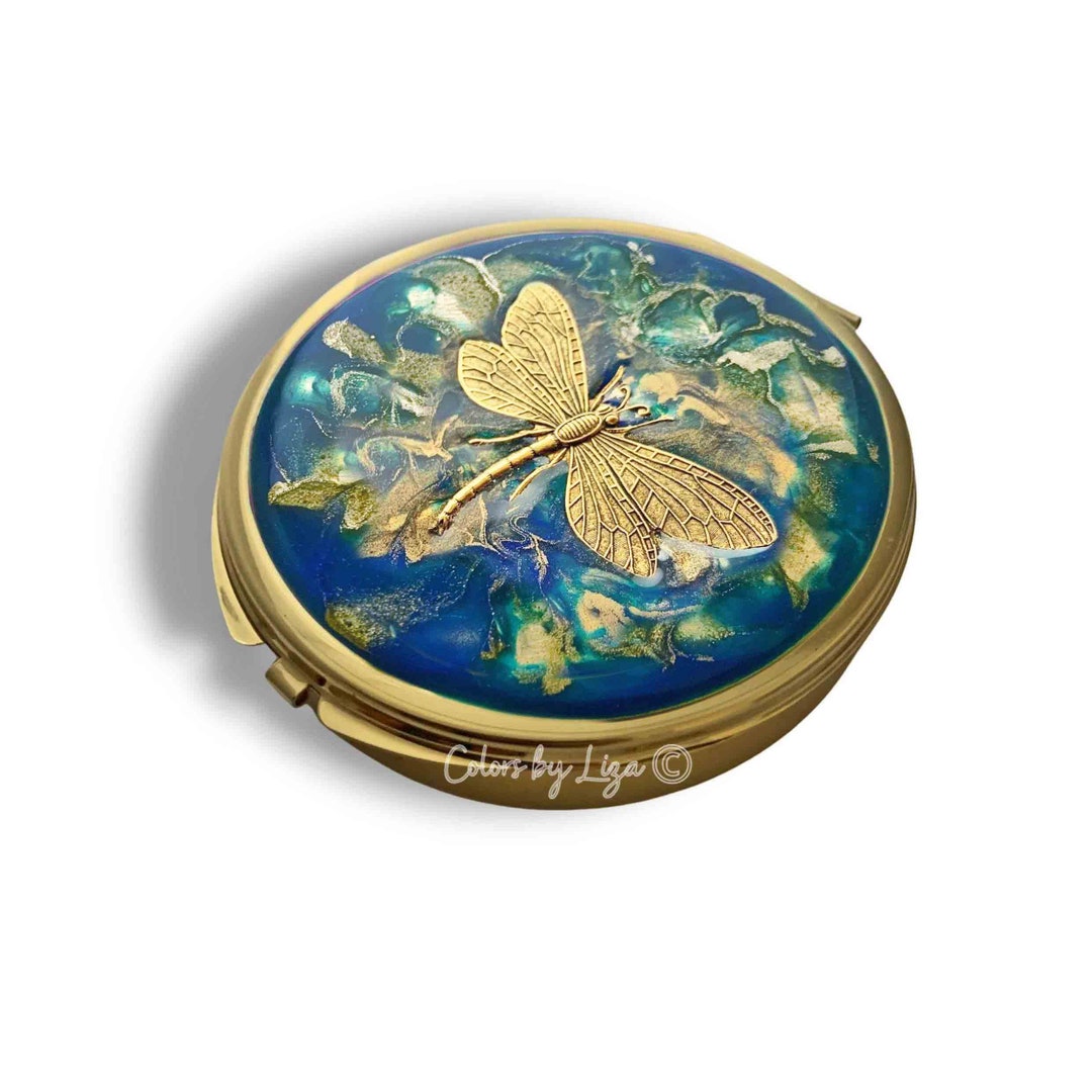 Dragonfly Pill Box: Hand Painted Cobalt Enamel, Gold Finish ...
