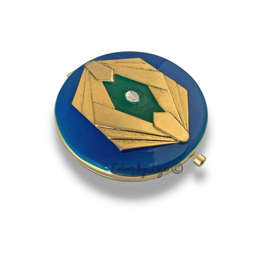 Art Deco Compact Mirror: Hand Painted Cobalt Blue & Green Enamel ...