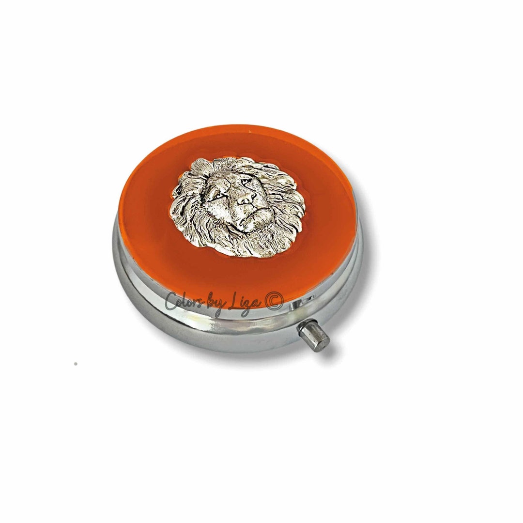 Antique Silver Lion Pill Box: Hand-painted Orange Enamel, Personalized ...