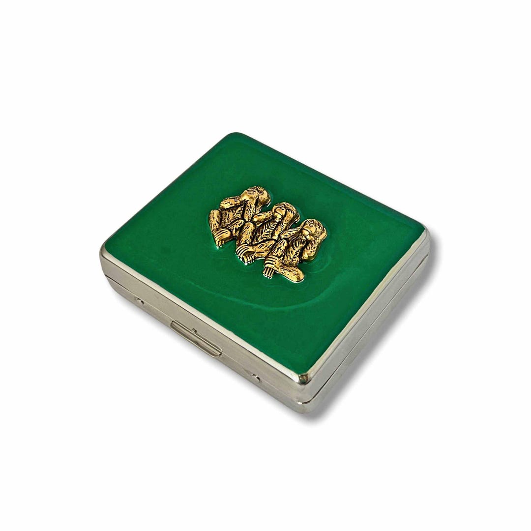 Antique Gold Monkey Pill Box: Hand Painted Green Enamel, 8-compartment ...