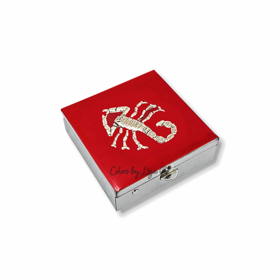 Antique Silver Scorpion Pill Box: Hand Painted Red Enamel Zodiac Design ...