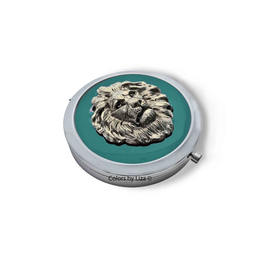Lion Pill Box: Hand Painted Teal Enamel, Art Deco Compact Mirror - Etsy