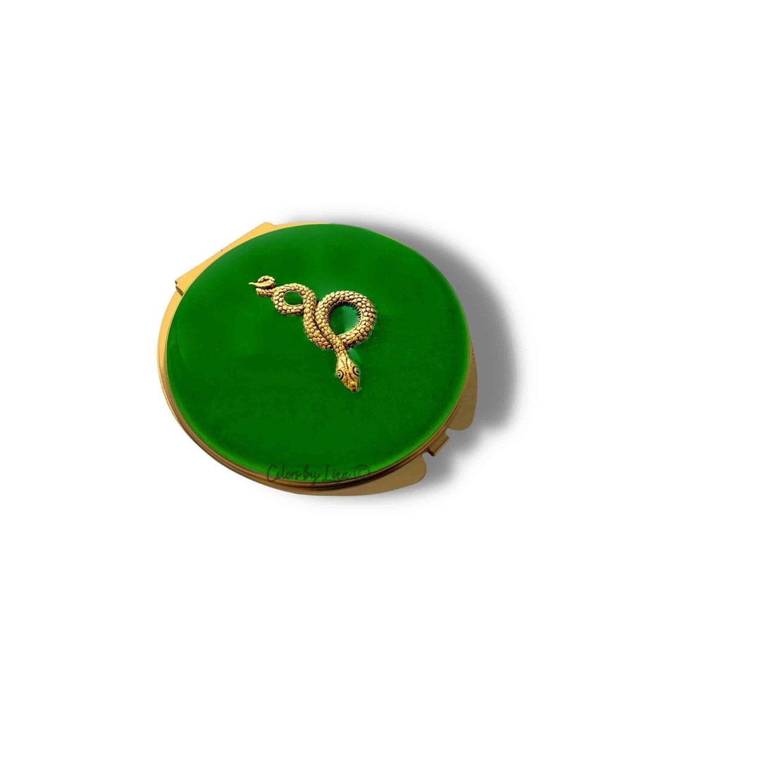 Antique Gold Snake Compact Mirror Inlaid in Green Enamel Art - Etsy