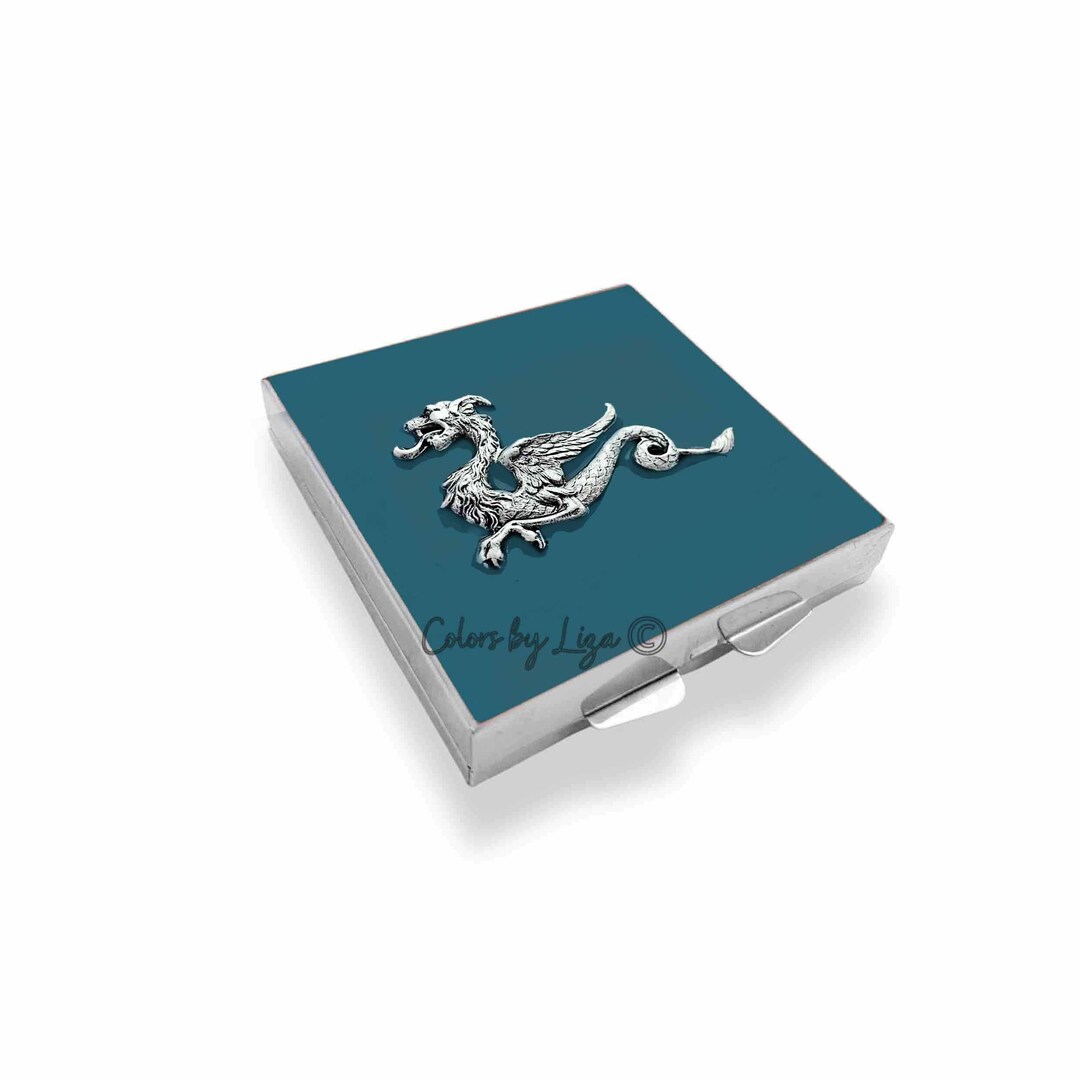 Antique Silver Dragon Pill Box: Hand-painted Teal Enamel, Personalized ...