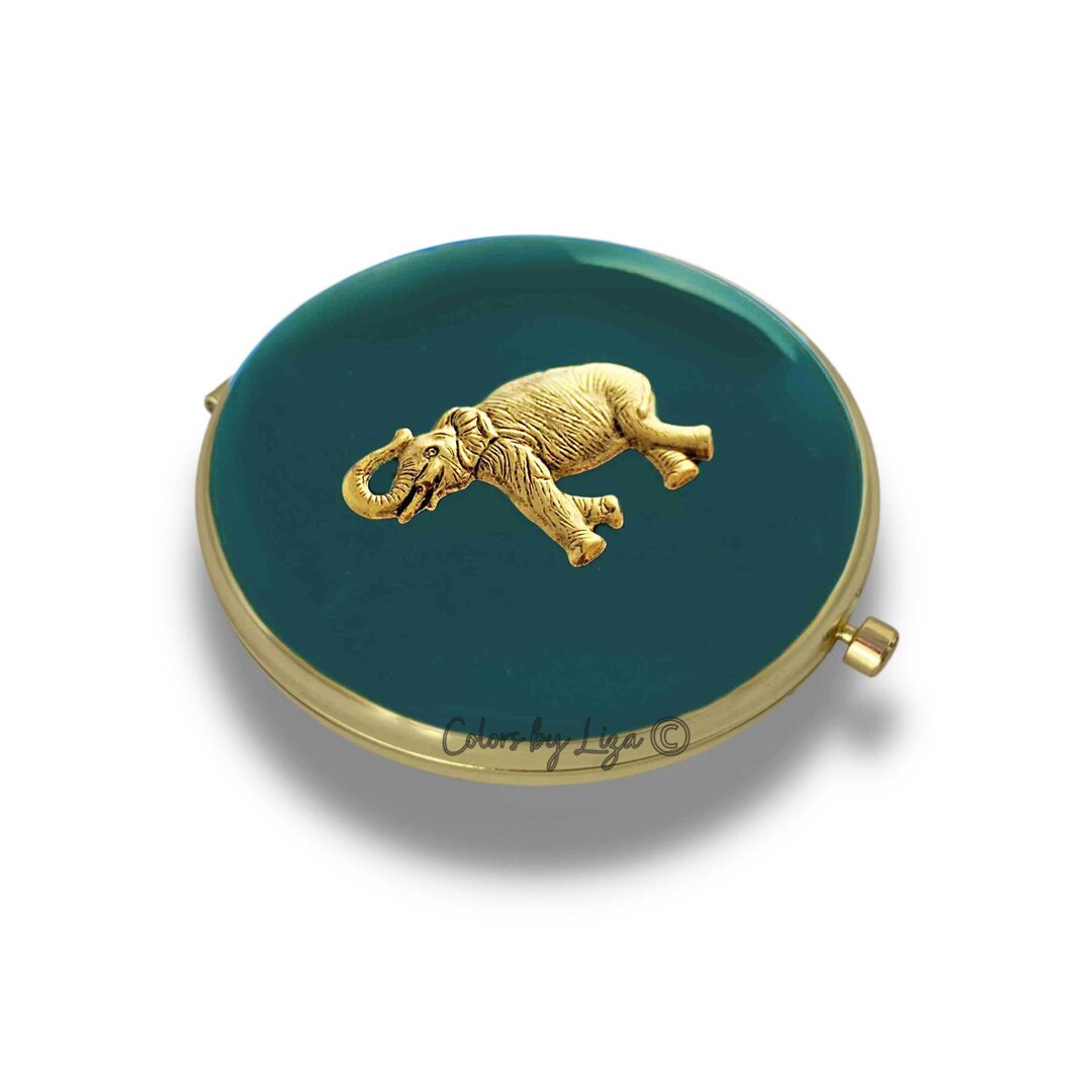Antique Gold Elephant Compact Mirror Inlaid in Hand Painted Teal Enamel ...