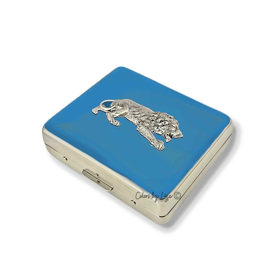 Antique Silver Lion Pill Case: Hand Painted Pacific Blue Enamel ...