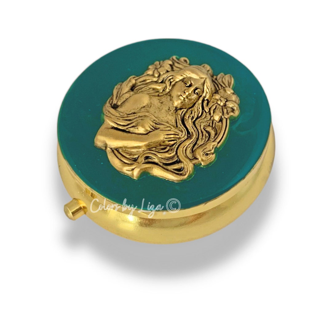 Art Nouveau Lady Pill Box: Hand-painted Teal Enamel, Personalized ...