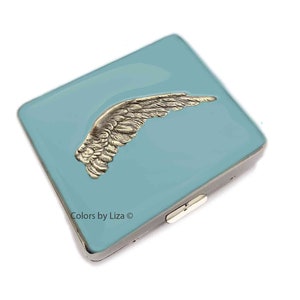 Angel Wing Inlaid in Hand Painted Weekly Pill Box in Sky Blue Enamel ...