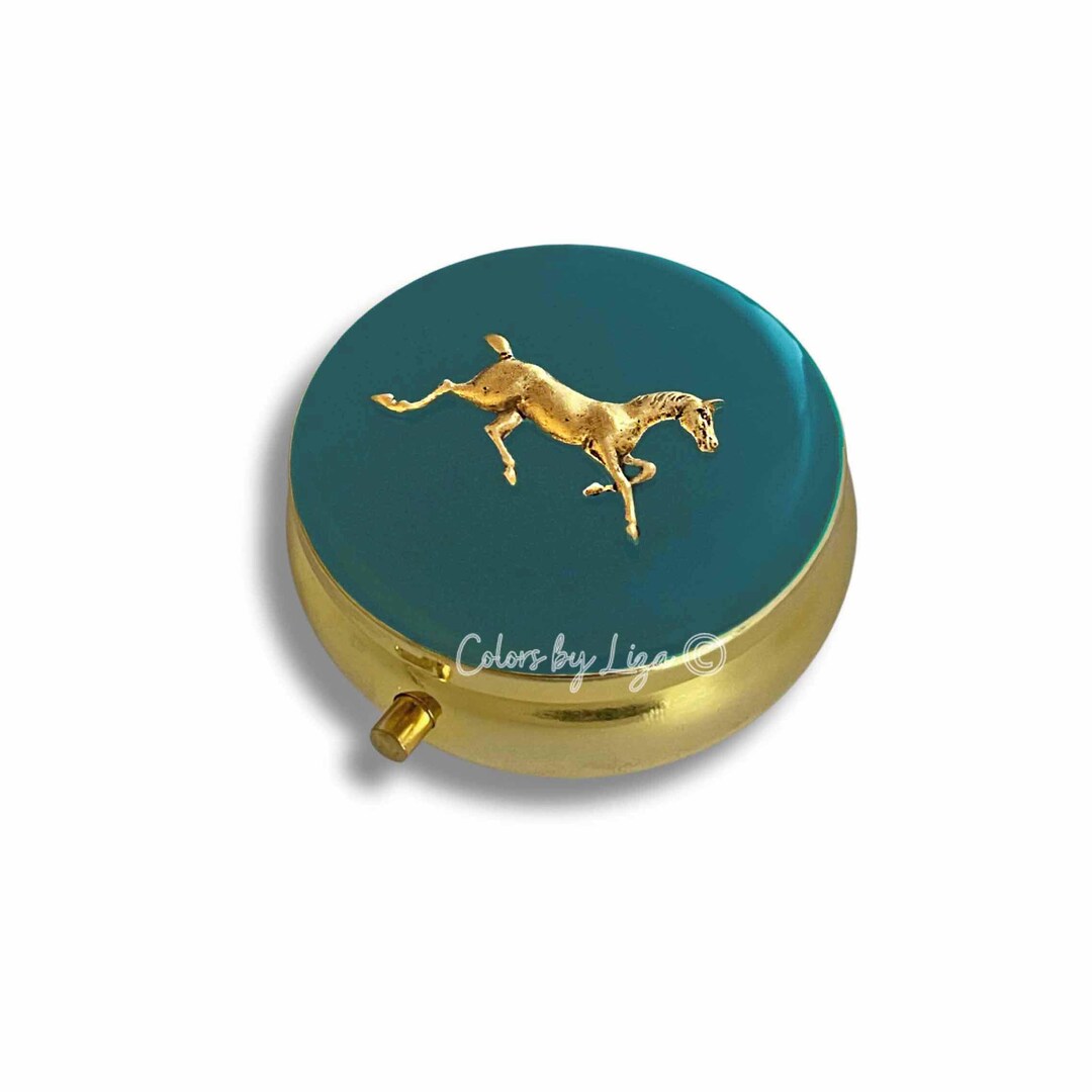 Antique Gold Horse Pill Box: Hand Painted Teal Enamel, Personalized ...