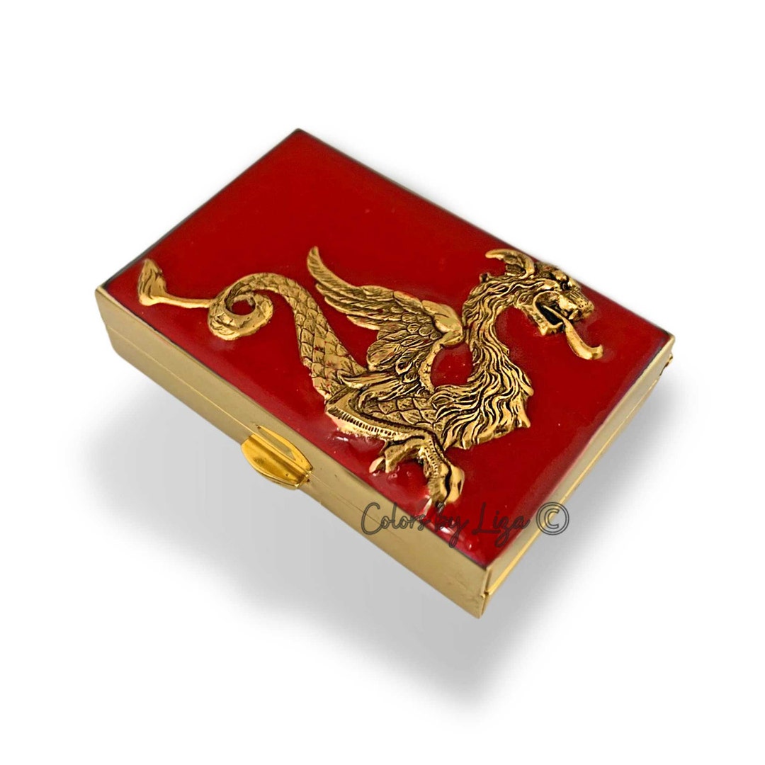 Antique Gold Dragon Pill Box: Hand Painted Red Enamel, Personalized ...