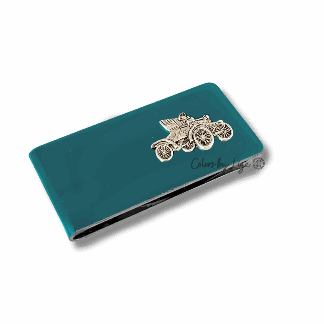 Hand Painted Antique Car Money Clip: Teal Enamel Cadillac Design ...