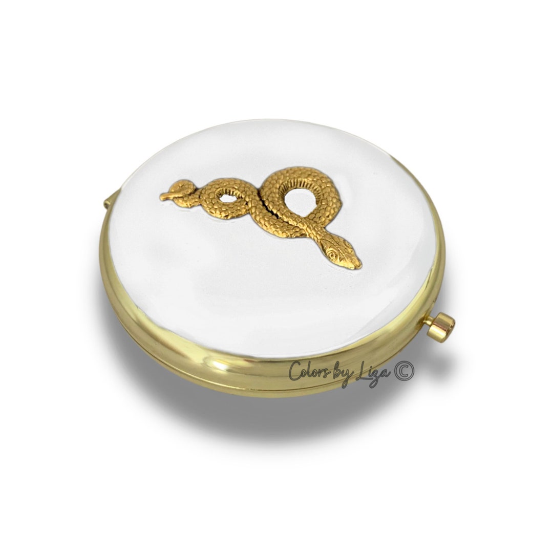 Serpent Compact Mirror Inlaid in Hand Painted White Opaque Enamel Art ...