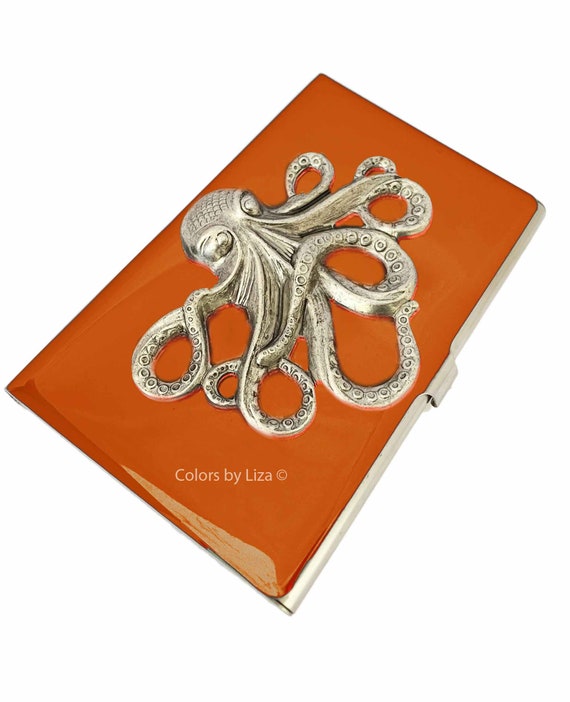 Octopus Business Card Case in Hand Painted Orange Enamel | Etsy UK