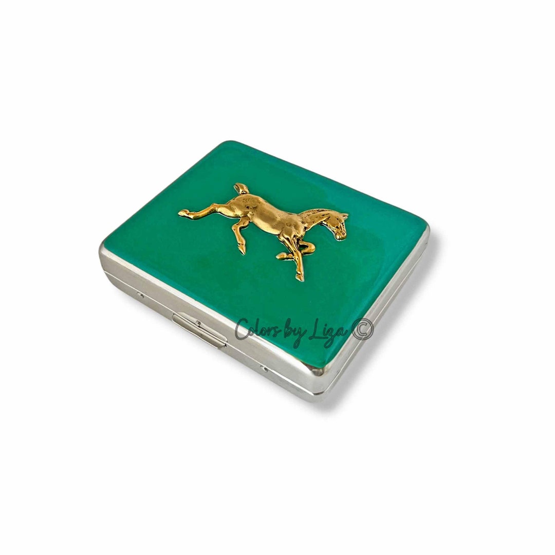 Antique Silver Horse Pill Box: Hand Painted Teal Enamel, Equestrian ...
