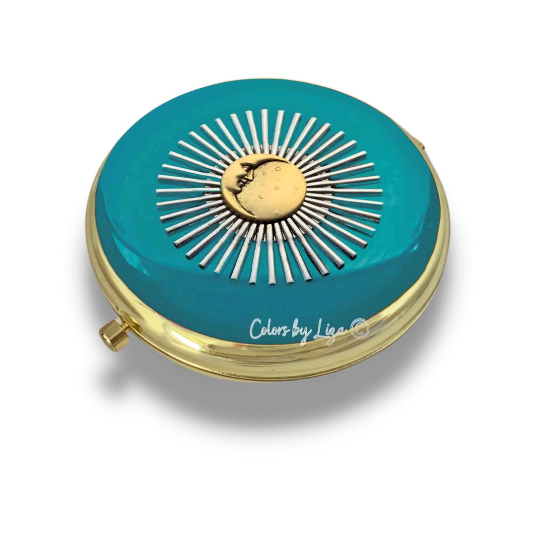 Hand Painted Sun and Moon Compact Mirror: Turquoise Enamel ...