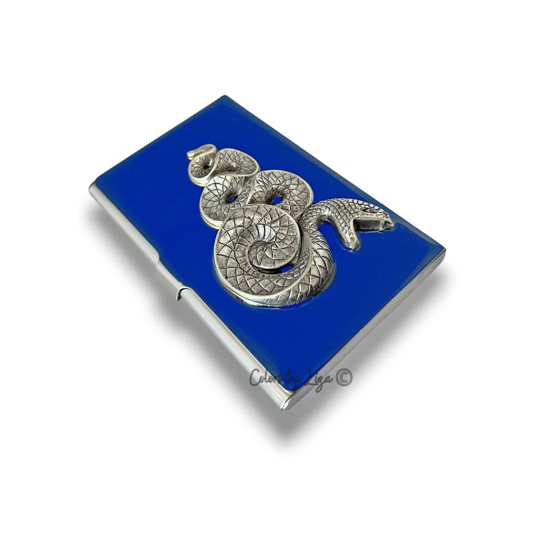 Antique Silver Snake Business Card Case: Hand Painted Cobalt Enamel ...