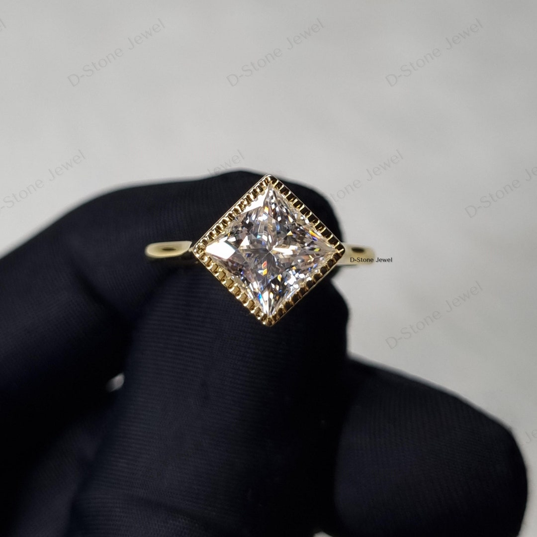 18K Gold Moissanite Engagement Ring: Princess Cut Milgrain Solitaire - Etsy