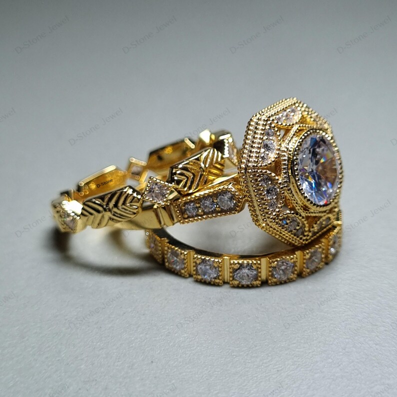 Heavy Designed Wedding Ring Set, Round Cut Moissanite Diamond Ring Set ...