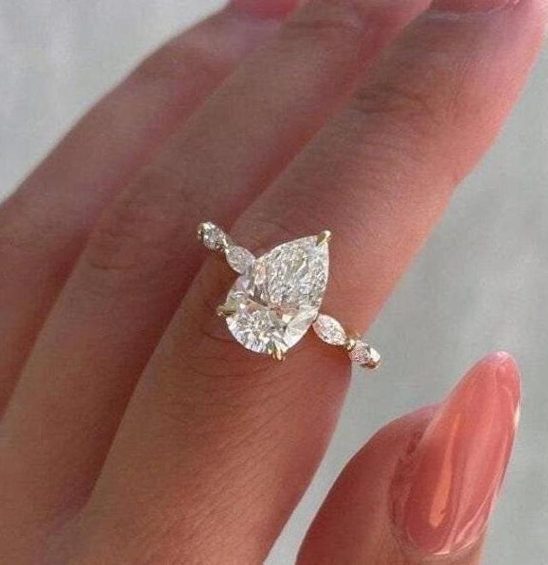 14K Solid Gold Proposal Ring, Pear Cut Moissanite Wedding Ring, Hidden ...