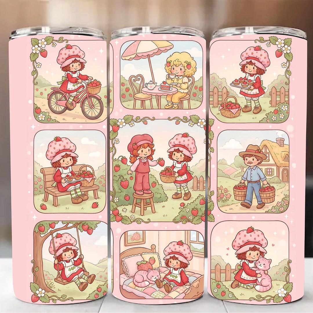Strawberry Girl Cottage Tumbler Wrap PNG Cute Pink Farm Kids Seamless ...