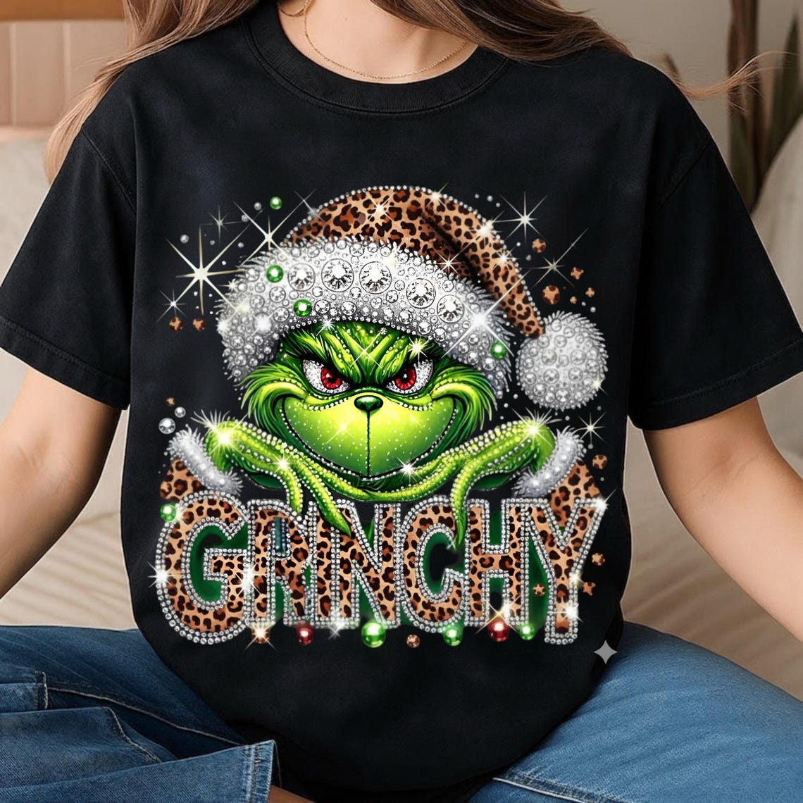 Bling Leopard Christmas Green Monster PNG, Sparkly Santa Hat Holiday ...