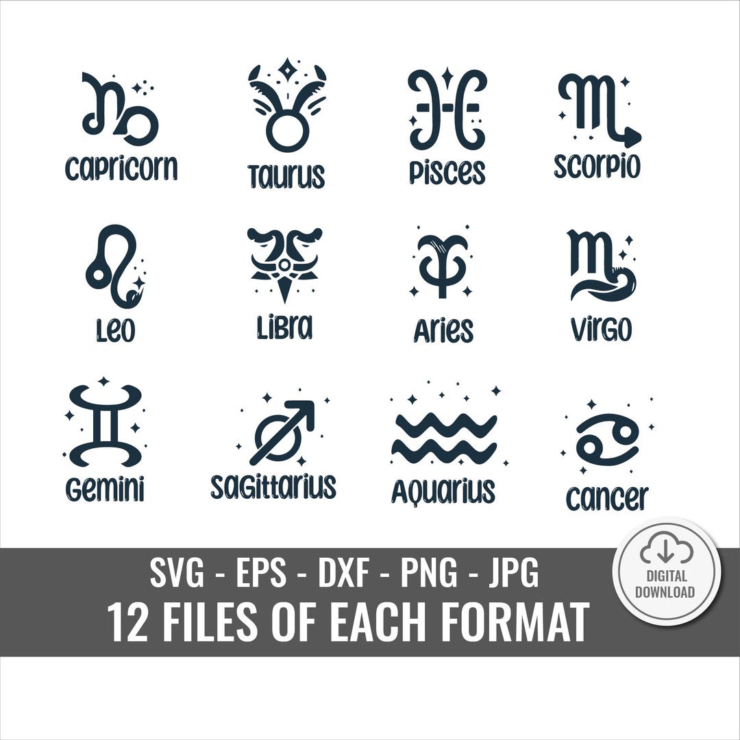Zodiac Signs SVG DXF Bundle | Horoscope Astrology Cut Files | 12 Zodiac ...
