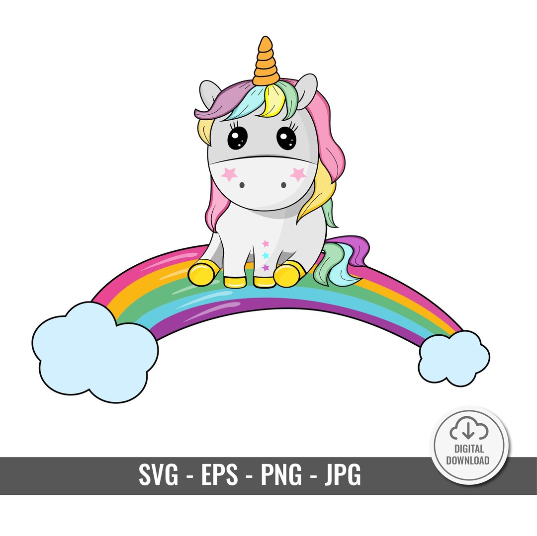 Cute Baby Unicorn Sitting on Rainbow SVG, Kawaii Magical Unicorn ...