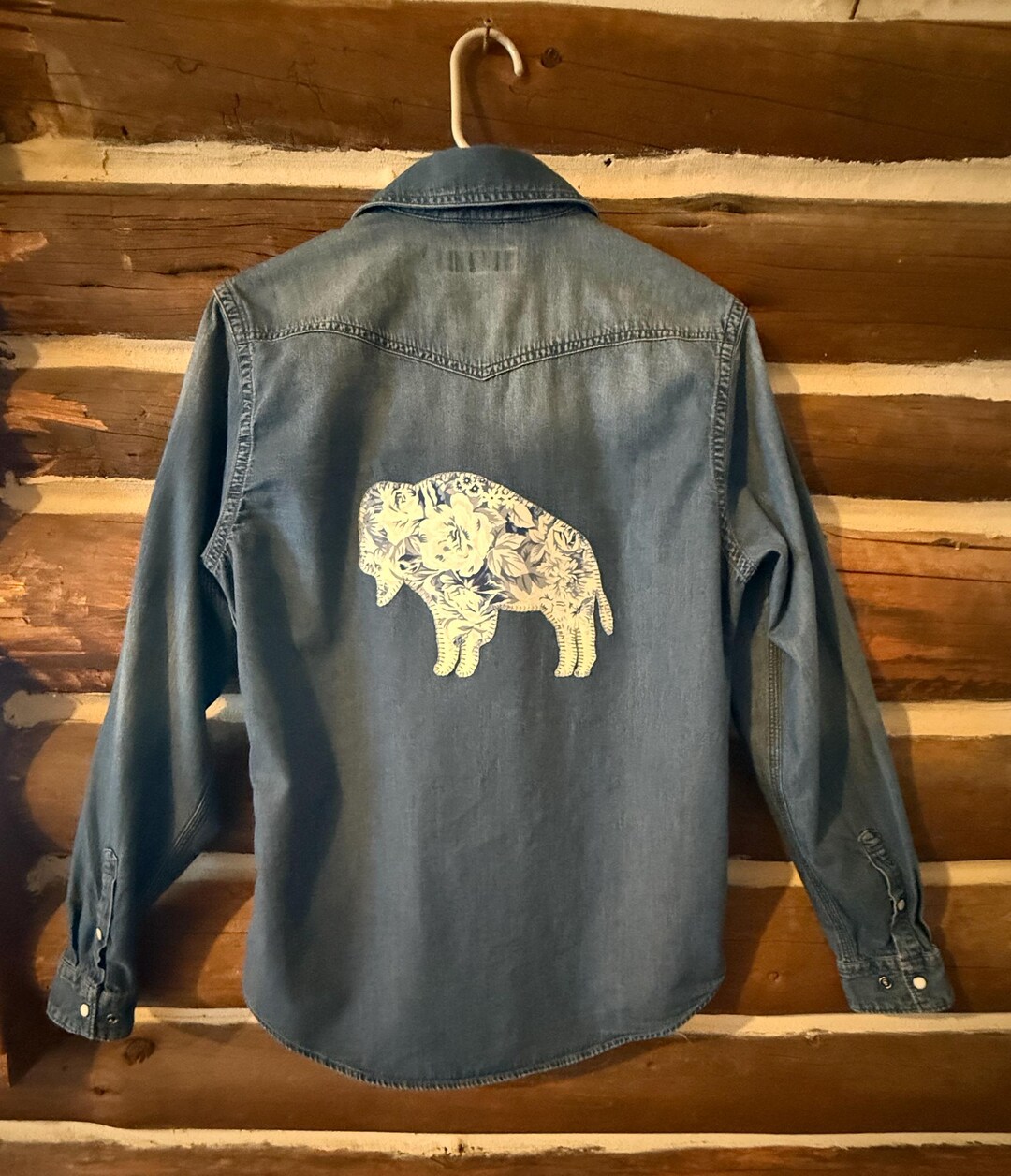 Upcycled Denim Shirt W/ Hand Appliqued Buffalo/bison Size S - Etsy