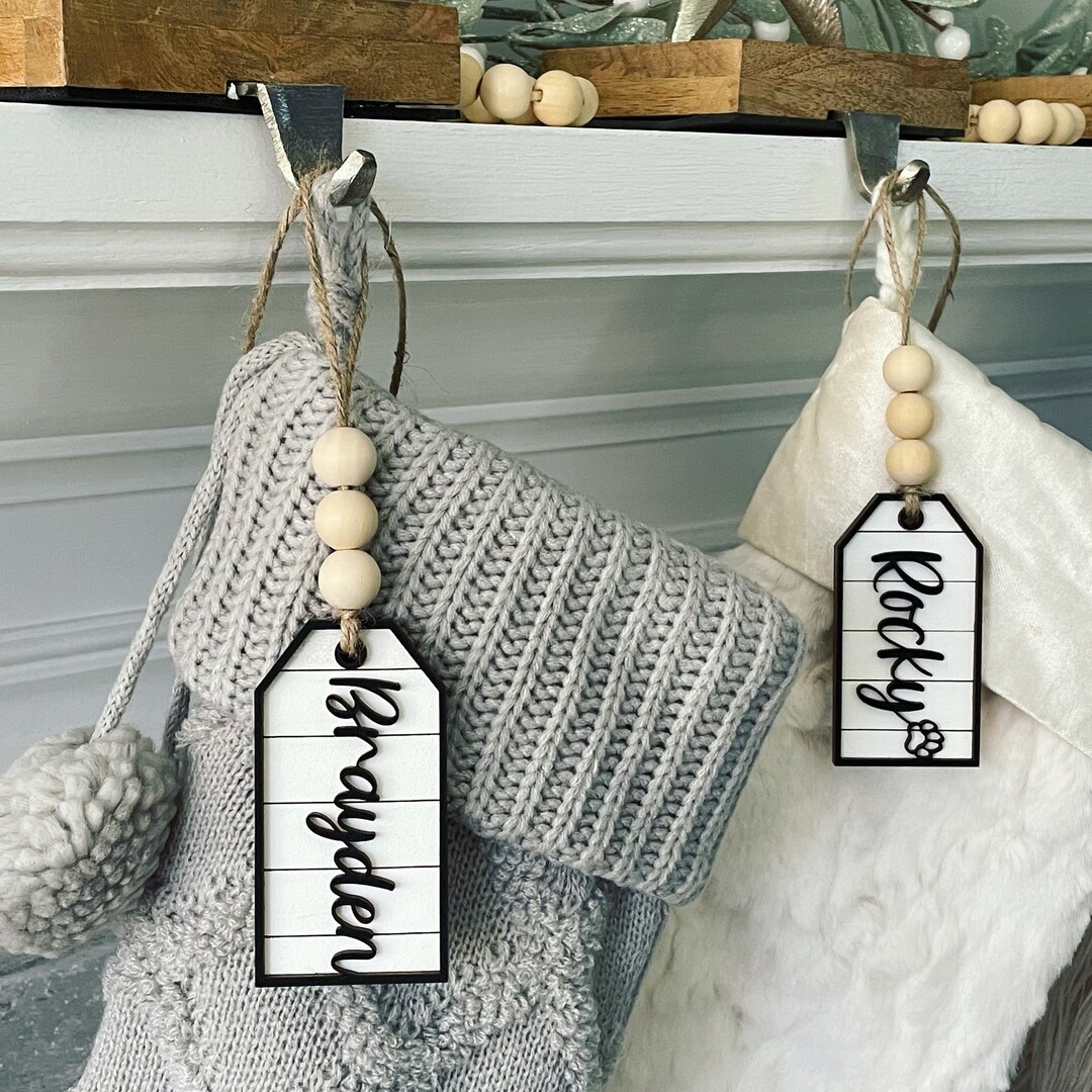 Personalized Farmhouse Stocking Name Tags // Natural Wood Beads ...