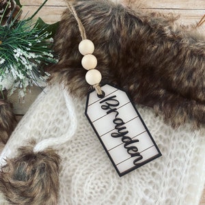 Personalized Farmhouse Stocking Name Tags // Natural Wood Beads ...