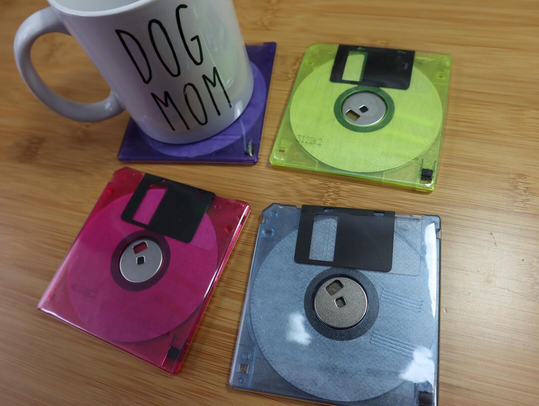 Floppy Disk Coasters 4 Pink, Blue, Yellow, Purple Geeky Decor Gift Tech ...
