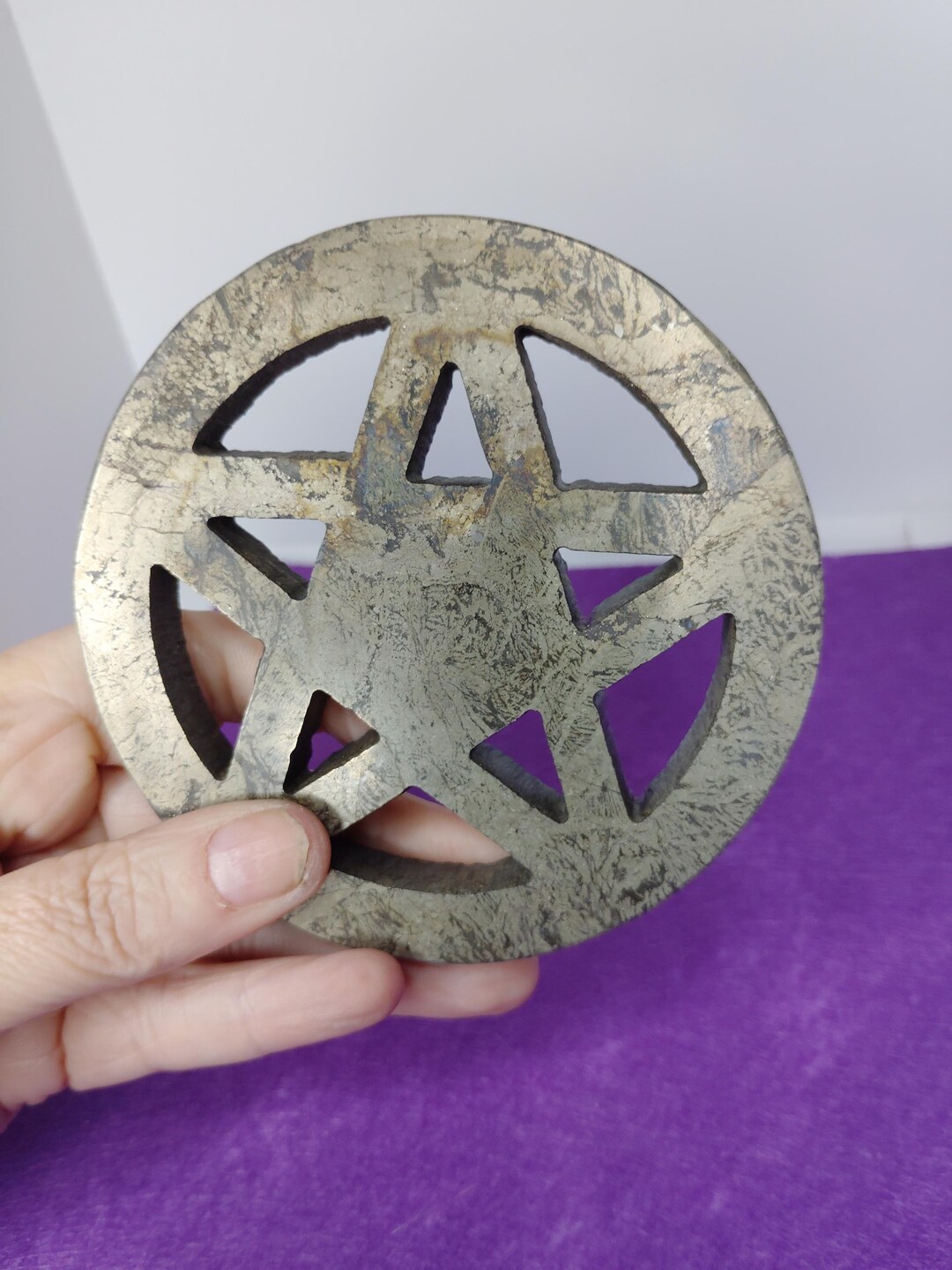 Witches Star, Pentagram, Pentacle. Pyrite With Free Stand, Hand Carved ...