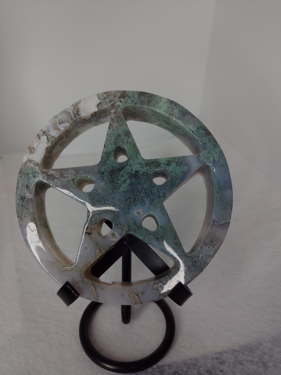 Witches Star, Pentagram, Pentacle. Moss Agate With Free Stand, Hand ...