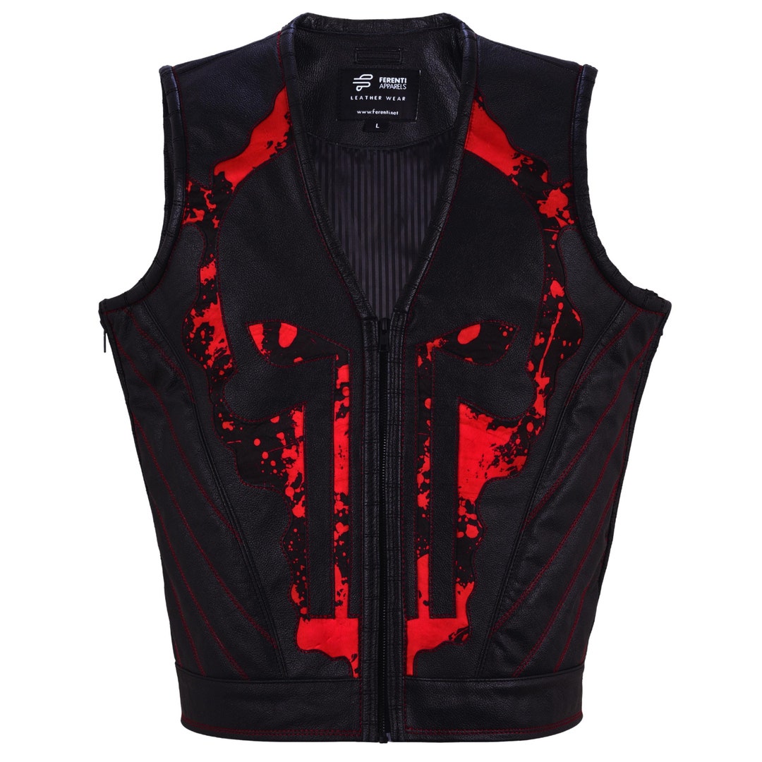 Men's Cow Leather Vest Black & Red Skull Vest Handmade Skull Vest ...