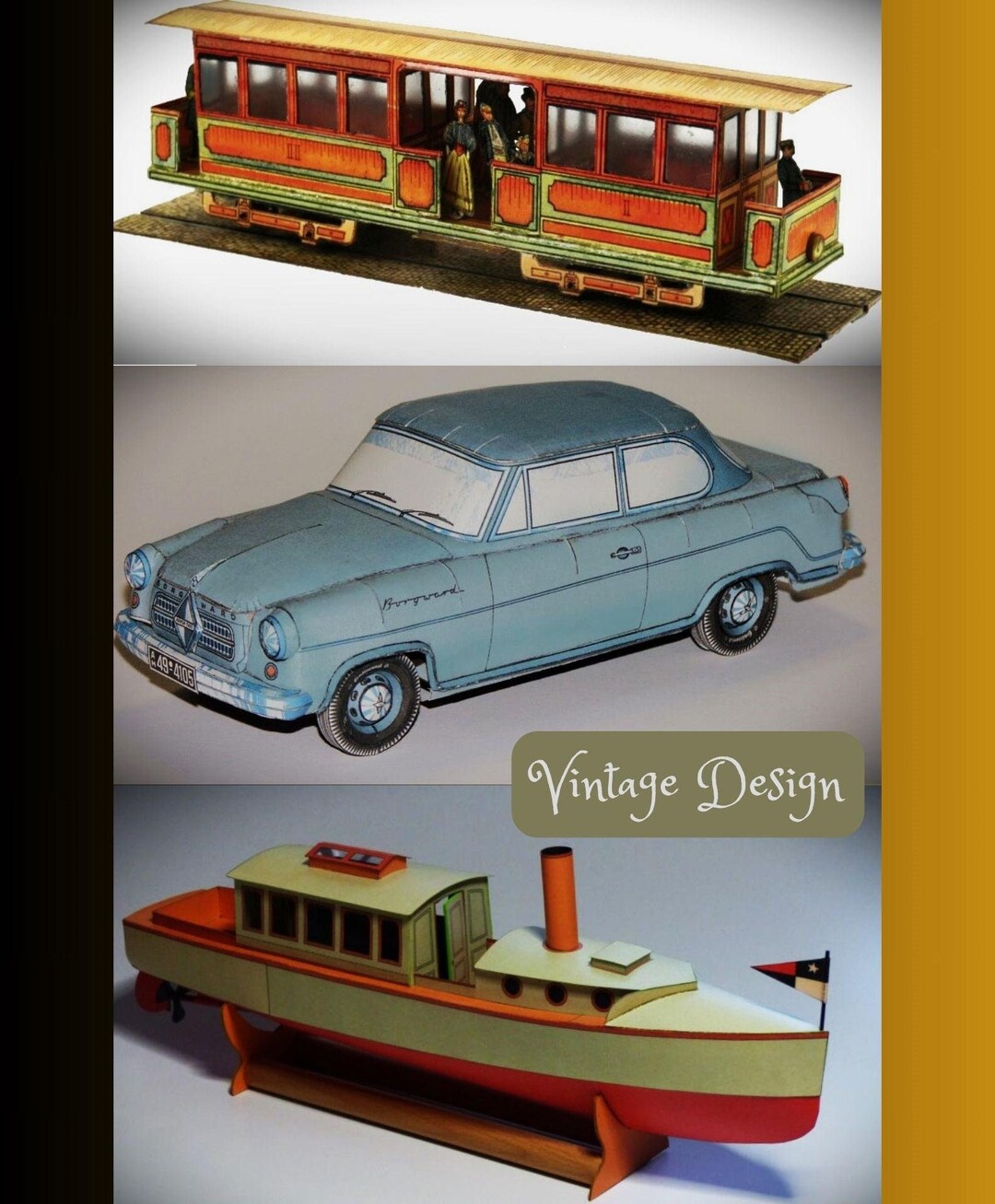 Paper Craft, DIY, Tram, Car, and Yacht. High-resolution 3D Vintage ...