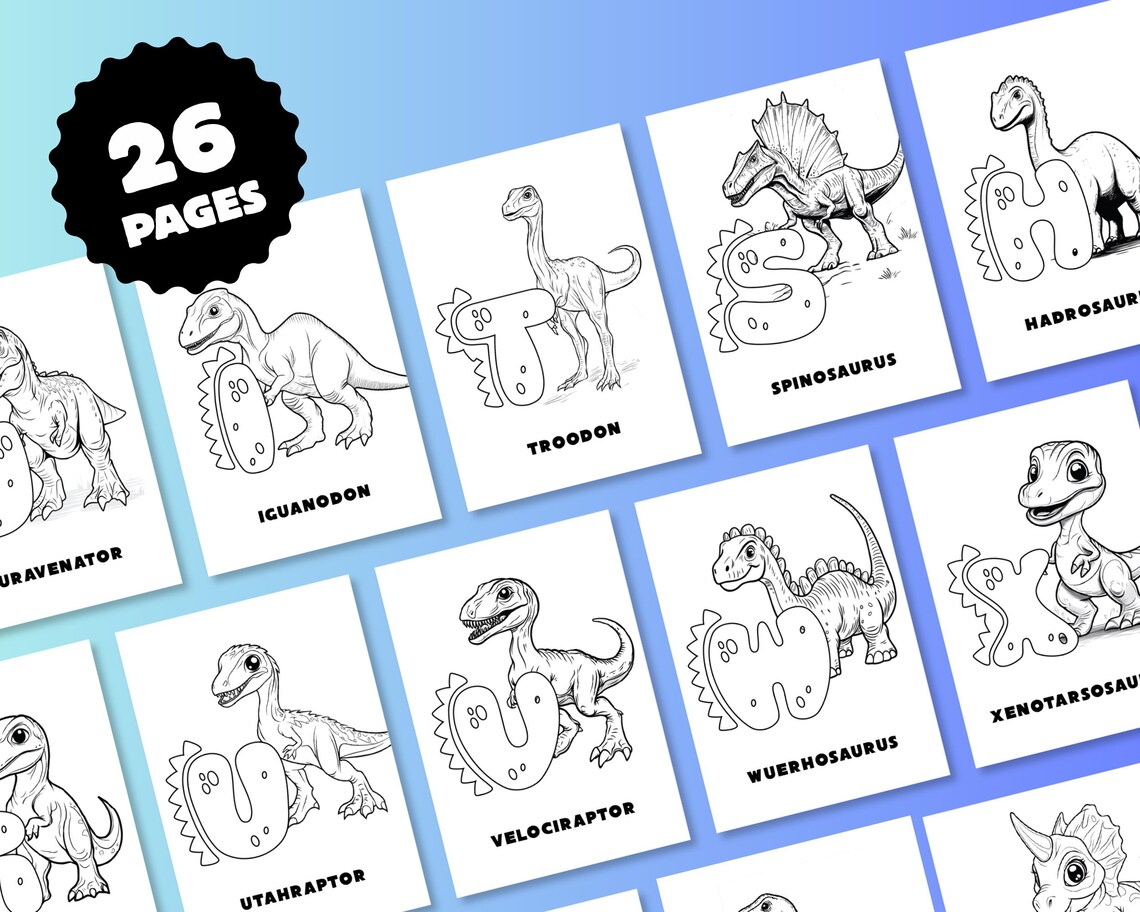 Dinosaur Alphabet Coloring Sheets, 26 Cute Dino Illustrations ...