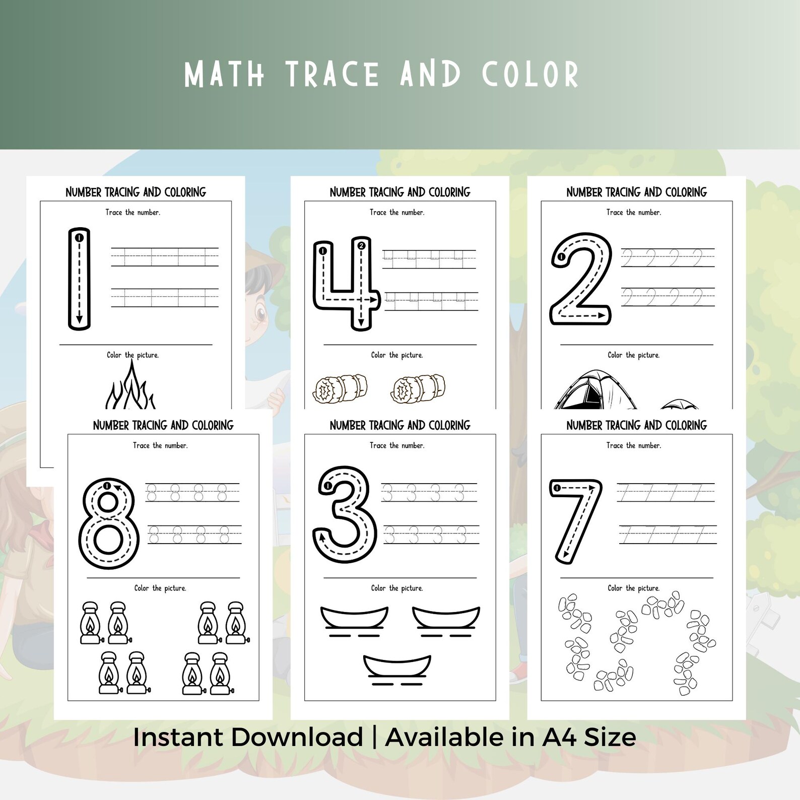 Camping Fun Number Tracing Worksheets Printable for Preschool Math ...