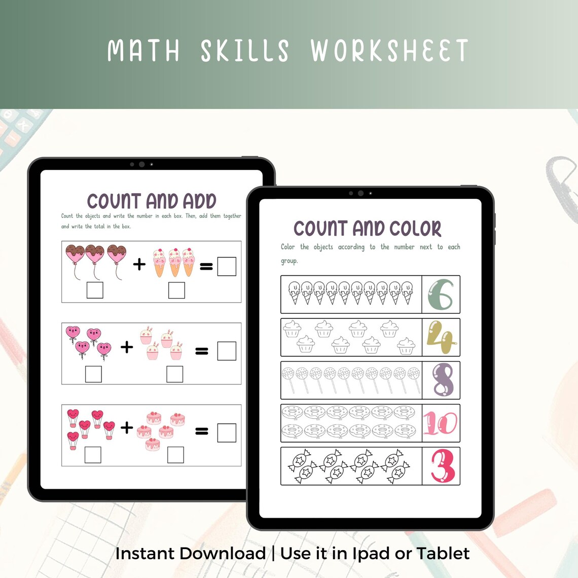 Sweets Math Coloring Worksheet, Toddler Learning Activity, Preschool ...