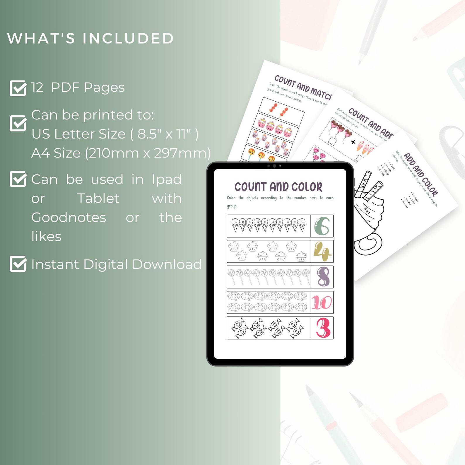 Sweets Math Coloring Worksheet, Toddler Learning Activity, Preschool ...