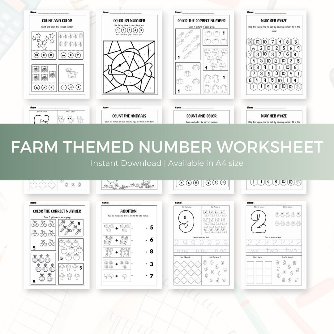 Farm Preschool Math Worksheets Number Tracing, Counting, Color by ...