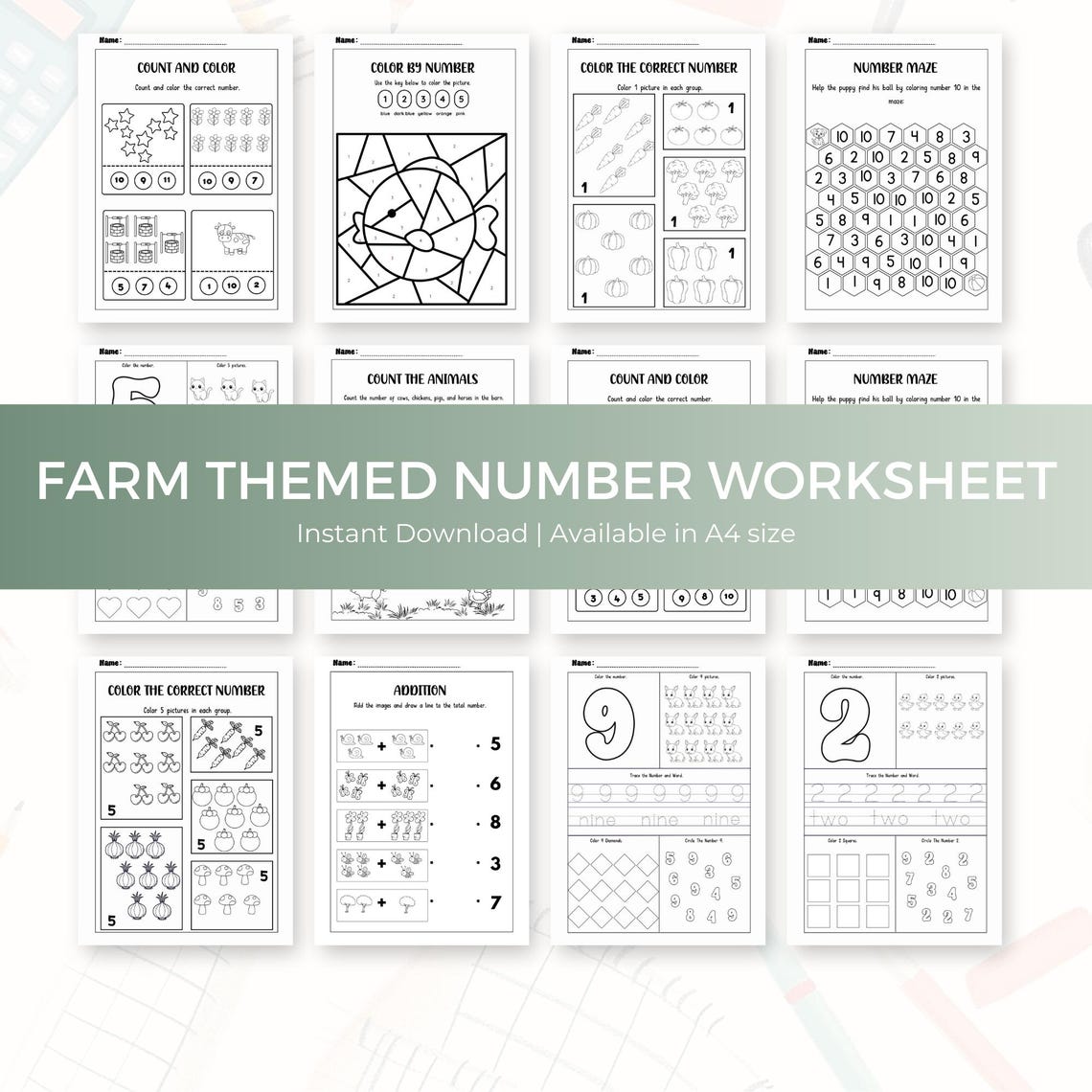 Farm Preschool Math Worksheets Number Tracing, Counting, Color by ...