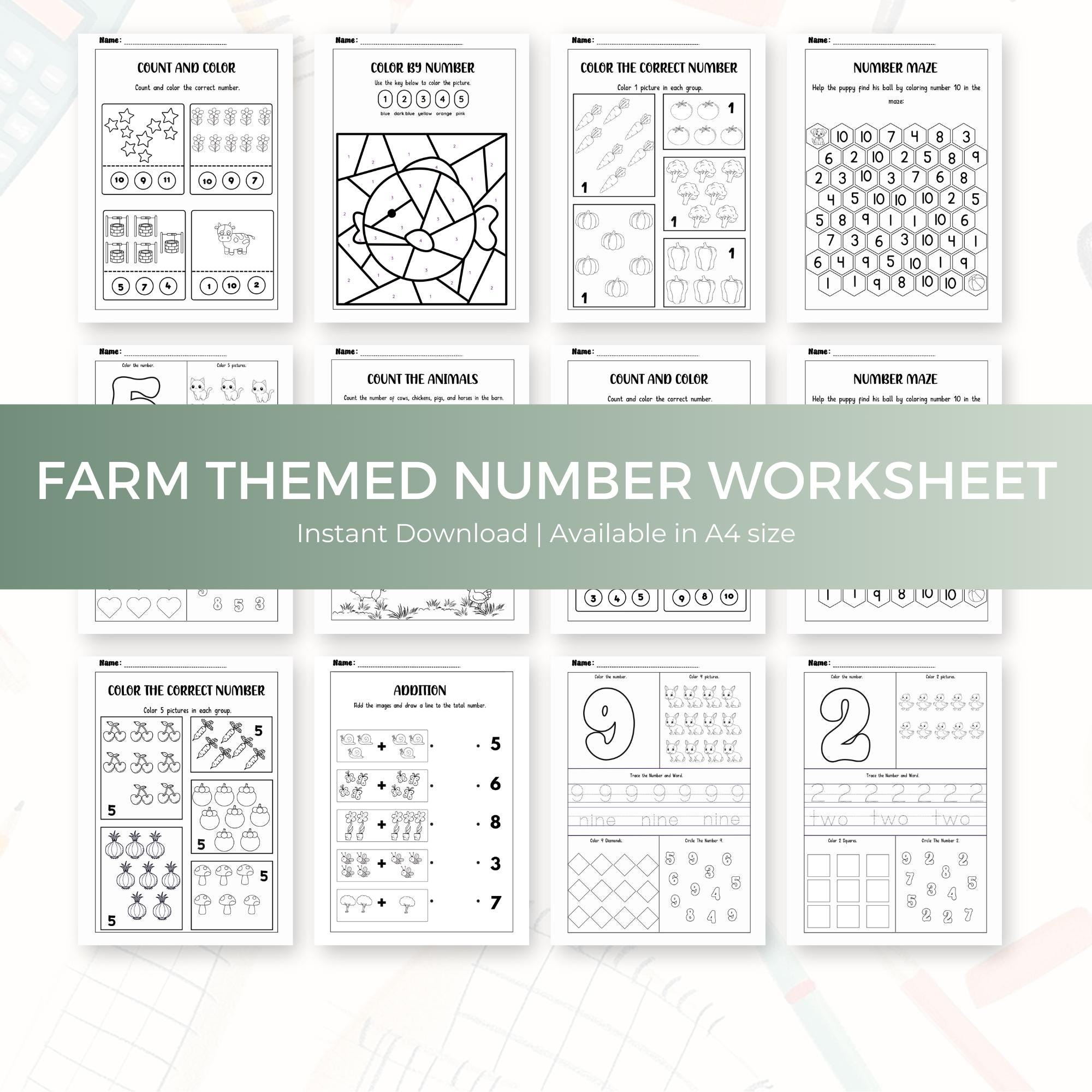 Farm Preschool Math Worksheets Number Tracing, Counting, Color by ...