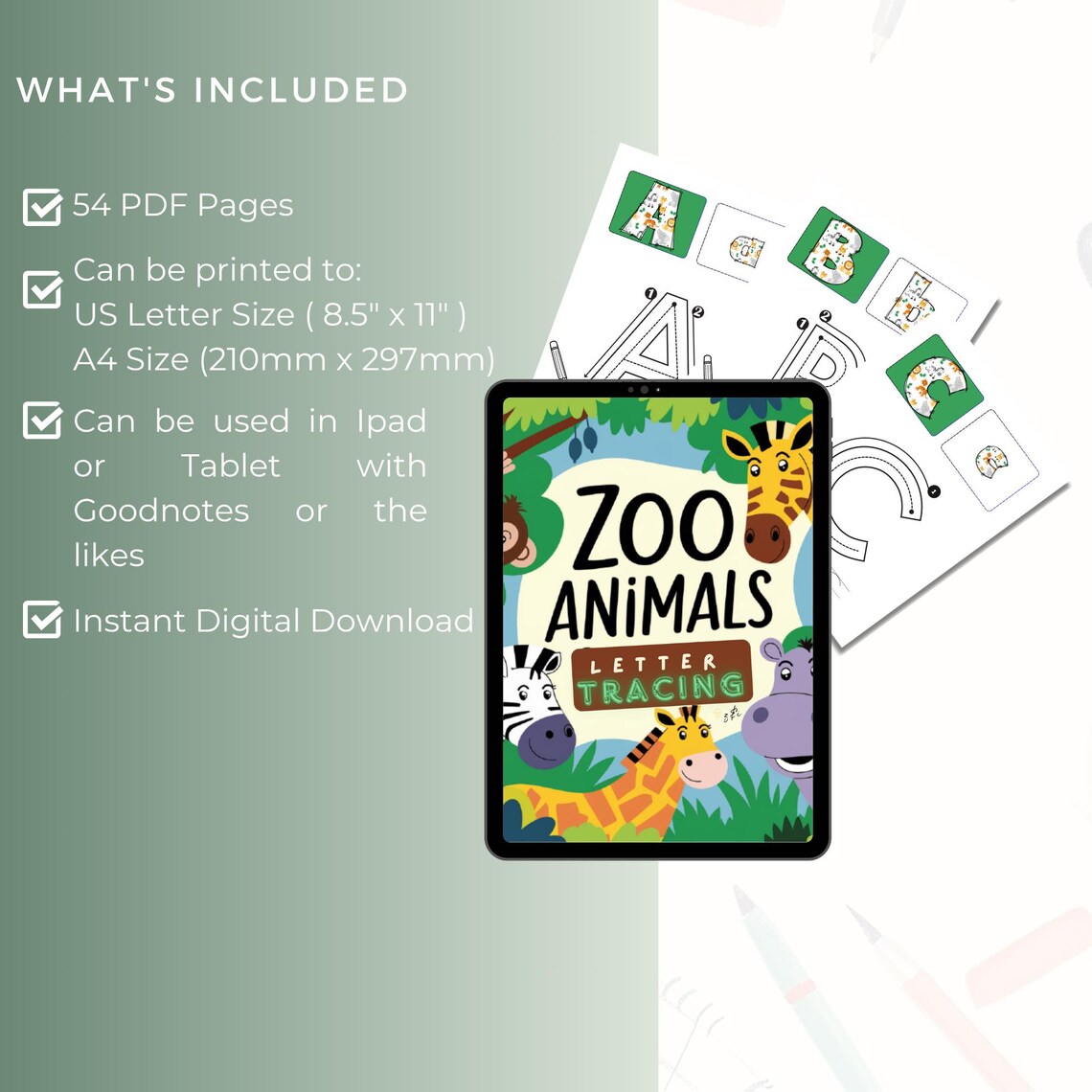 Zoo Animal Alphabet Tracing Worksheet Printable Handwriting Practice ...