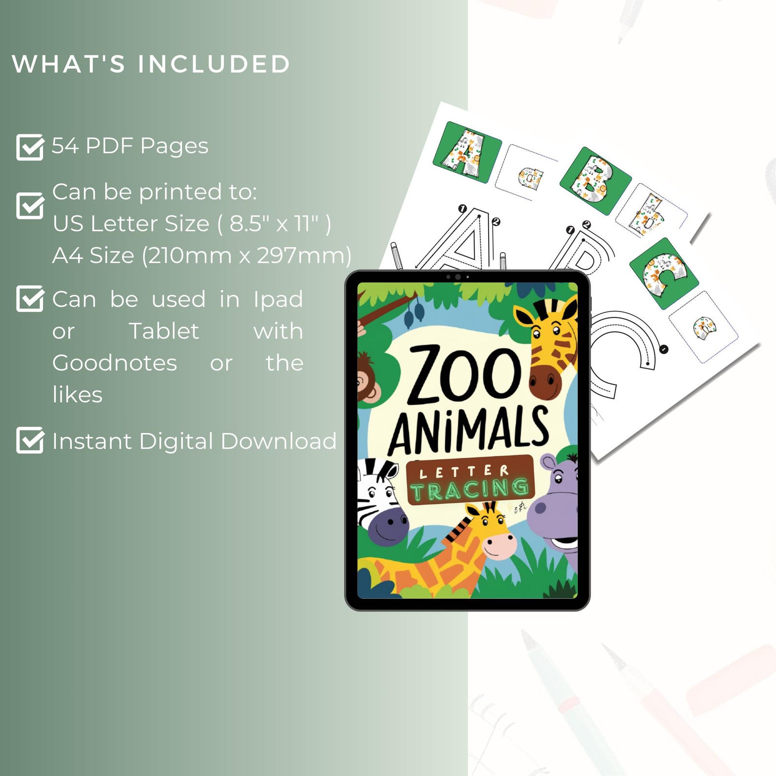 Zoo Animal Alphabet Tracing Worksheet Printable Handwriting Practice ...
