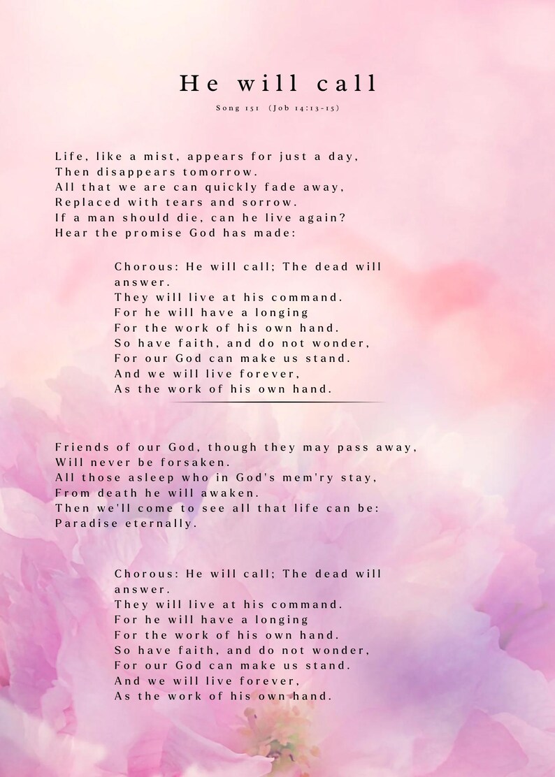 JW Funeral Song 151 Lyrics Printable - Etsy