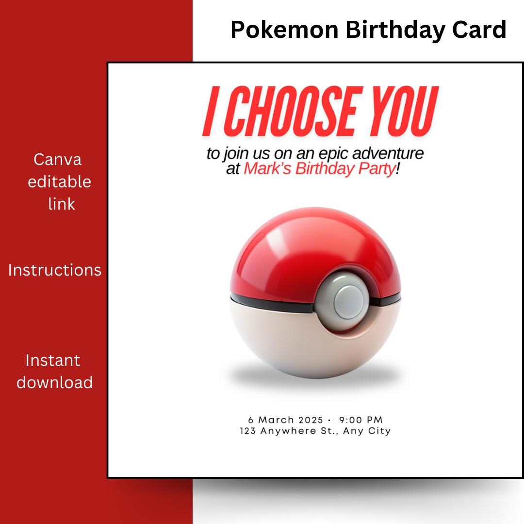 Costum Pokemon Card Birthday Party Invitation Editable Pokeball Theme ...