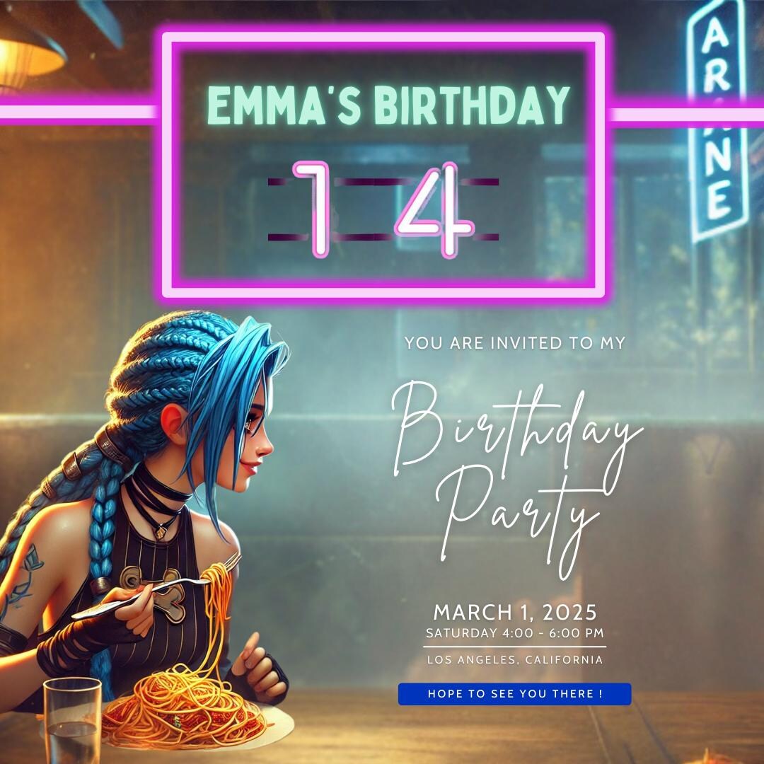 Arcane Editable Template Jinx League of Legends Birthday Invitation ...