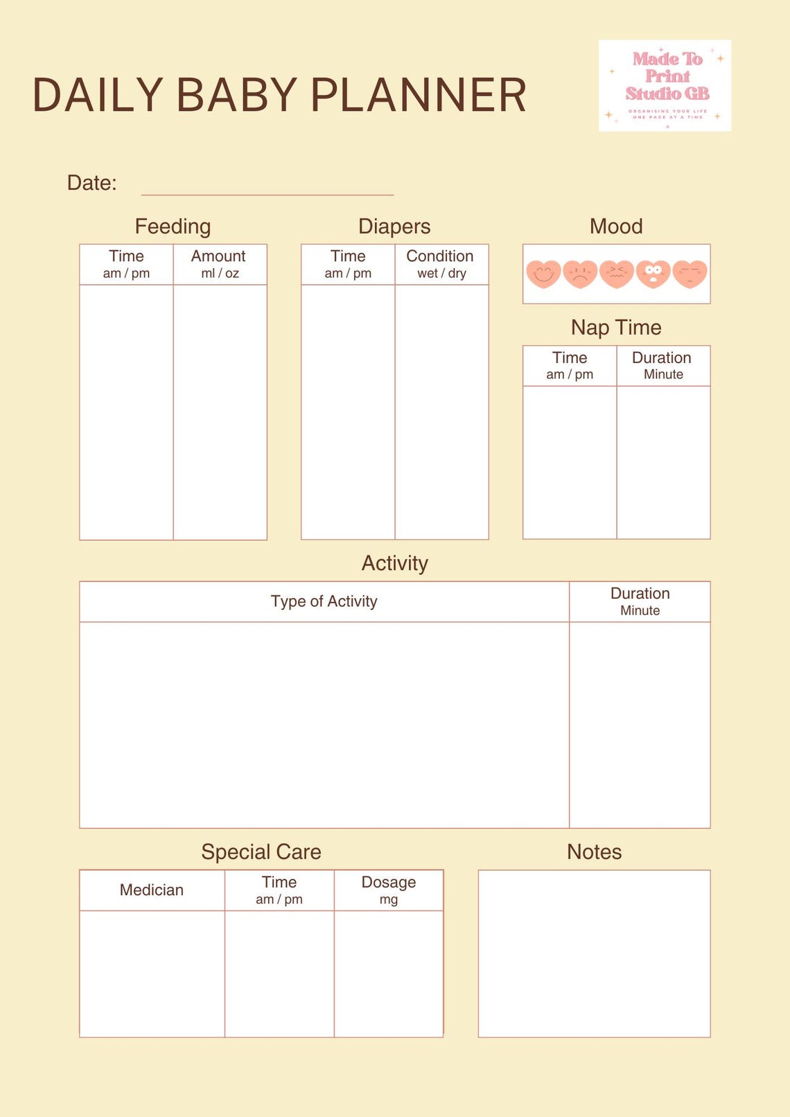 Printable Daily Baby Planner | Feeding, Nappy, Sleep & Care Log | Peach ...