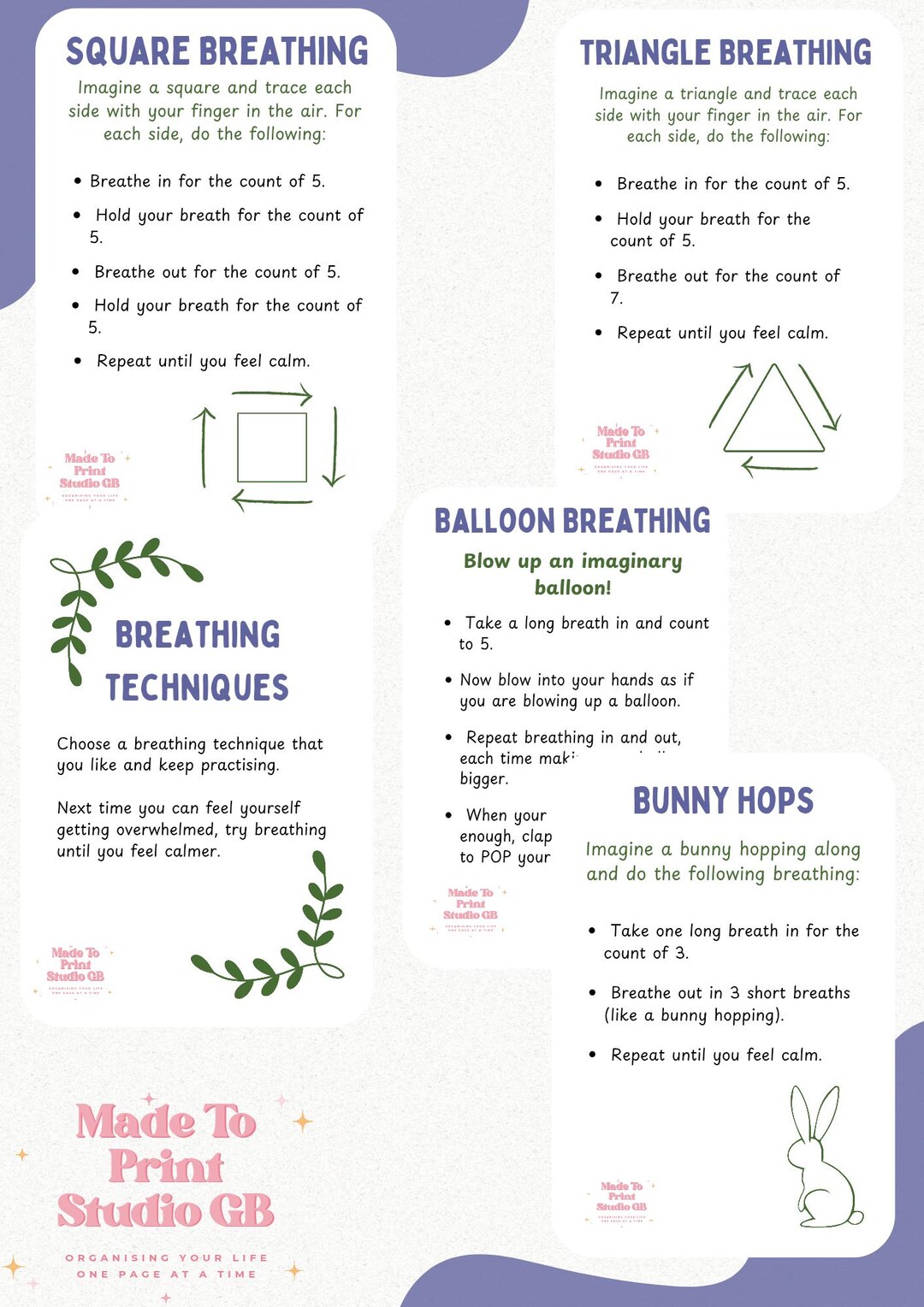 4 Printable Breathing Techniques | Sen-friendly Social Emotional ...