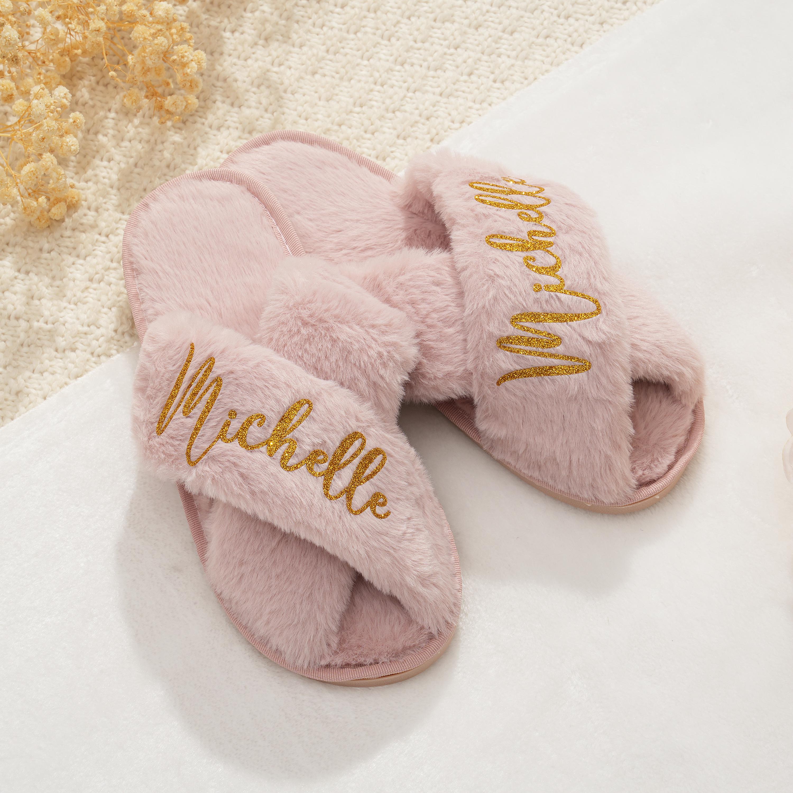 Personalized Bridesmaid Slippers With Custom Name – Plush Fuzzy Wedding ...